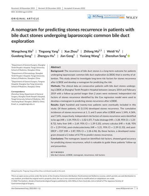 Pdf A Nomogram For Predicting Stones Recurrence In Patients With Bile Duct Stones Undergoing
