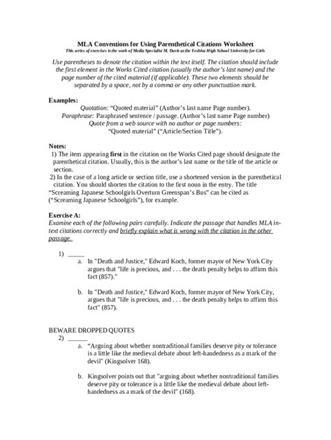 Exercises For Using MLA Parenthetical Citations Worksheet Doc