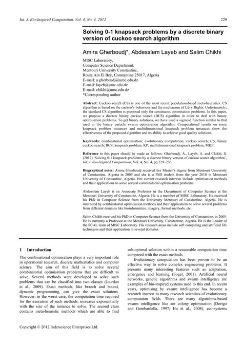 Pdf Solving 0 1 Knapsack Problems By A Discrete Binary Version Of Cuckoo Search Algorithm