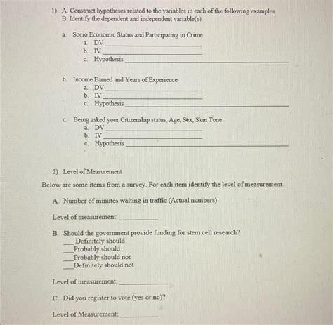 solved 1 a construct hypotheses related to the variables