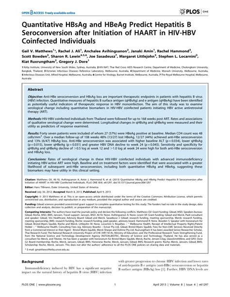 Pdf Quantitative Hbsag And Hbeag Predict Hepatitis B Seroconversion After Initiation Of Haart