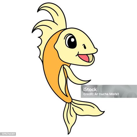 행복한 미소 얼굴 캐릭터 귀여운 낙서 무승부와 함께 수영 금붕어 벡터 일러스트레이션 귀여운에 대한 스톡 벡터 아트 및 기타