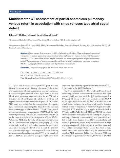 Pdf Multidetector Ct Assessment Of Partial Anomalous Pulmonary Venous