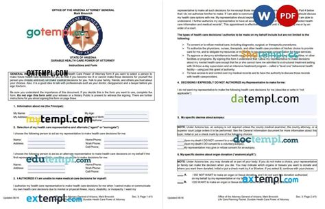 Arizona Medical Power Of Attorney Form Example Fully Editable