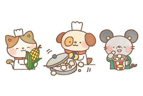 ポップコーンを作って食べる動物たちのイラスト PriPriOnline あなたの保育をサポートする