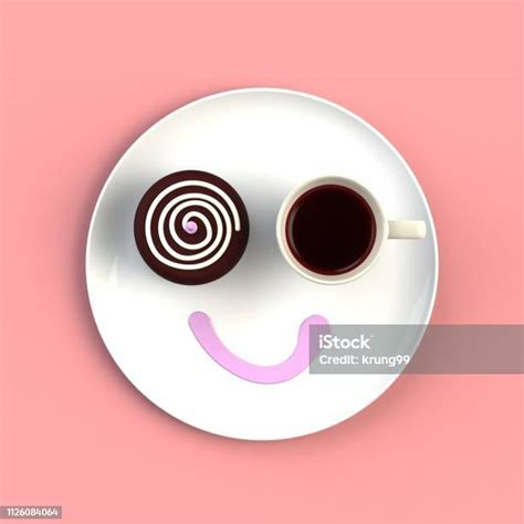 분홍색 배경 커피 개념 그림 3d 렌더링에 고립 된 미소의 형태로 케이크와 커피 한 잔의 상위 뷰 3차원 형태에 대한 스톡 사진 및 기타 이미지 Istock