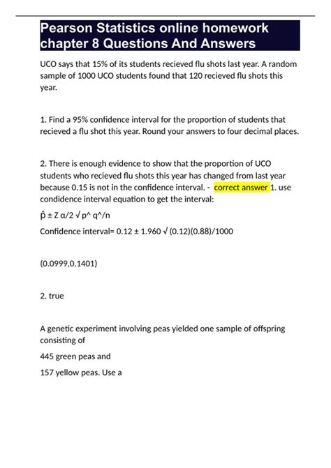 Pearson Statistics Online Homework Chapter 8 Questions And Answers