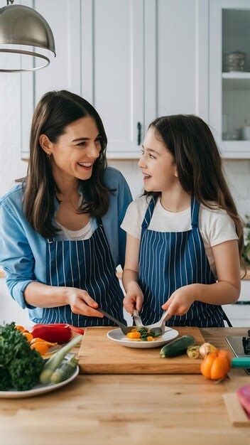 Mamá E Hija Se Divierten En La Cocina Cocinando Diferentes Verduras