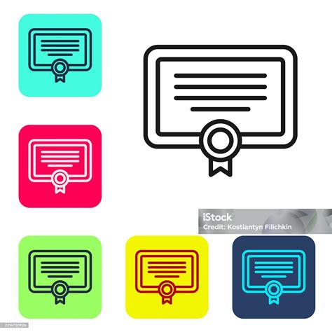 검은 선 인증서 템플릿 아이콘은 흰색 배경에 격리되어 있습니다 공로 수상 학위 보조금 디플로마 사업 성공 증명서 아이콘을 색상 사각형 버튼으로 설정합니다 벡터 검은색에 대한