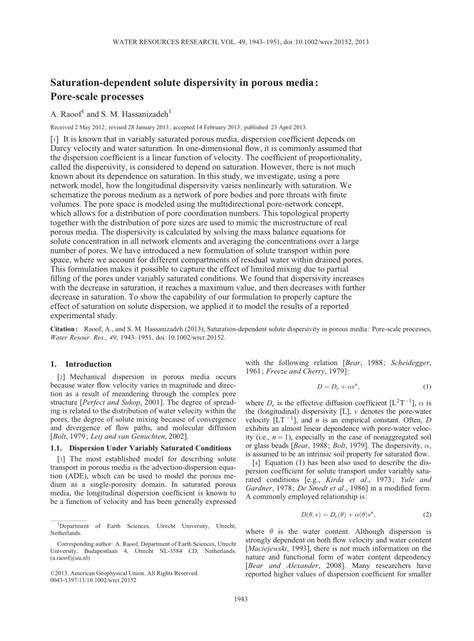 Pdf Saturation Dependent Solute Dispersivity In Porous Media Pore
