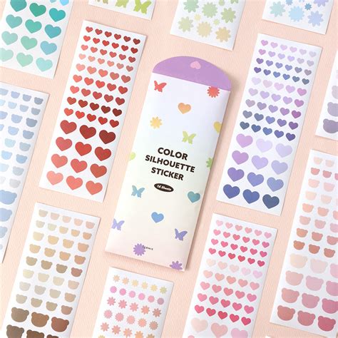 아이코닉디자인 컬러 실루엣 16장 스티커팩 다이어리 하트 곰돌이 나비 다꾸 폰꾸 폴꾸 탑꾸 스꾸 데코 씰스티커 모조지 도형 포토카드 포카 폴라로이드