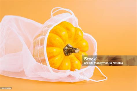 호박의 구성 행복한 추수 감사절야채 가을 음식 개념 가을 할로윈 호박오렌지 배경에 직물의 메쉬 가방에 호박의 다른 종류 가을 개념 공간을 복사합니다 0명에 대한 스톡 사진