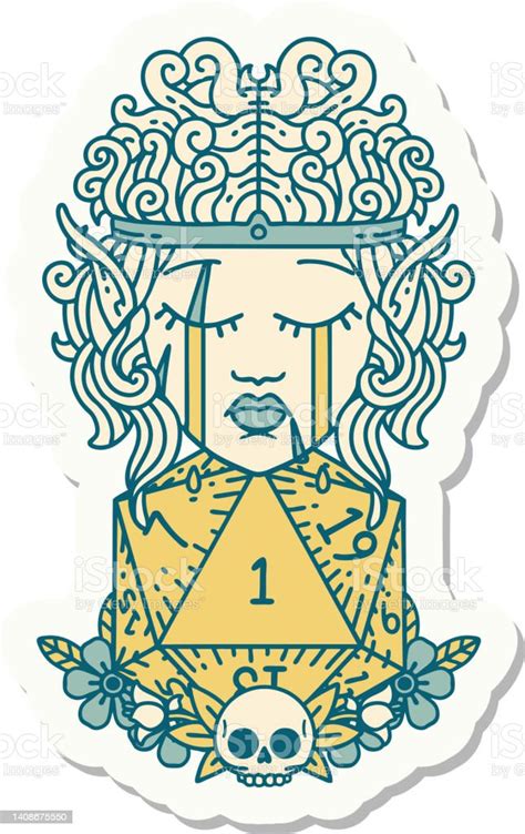 울고 엘프 야만인 캐릭터 자연 하나 D20 롤 스티커 굴리기에 대한 스톡 벡터 아트 및 기타 이미지 굴리기 꼬마 요정