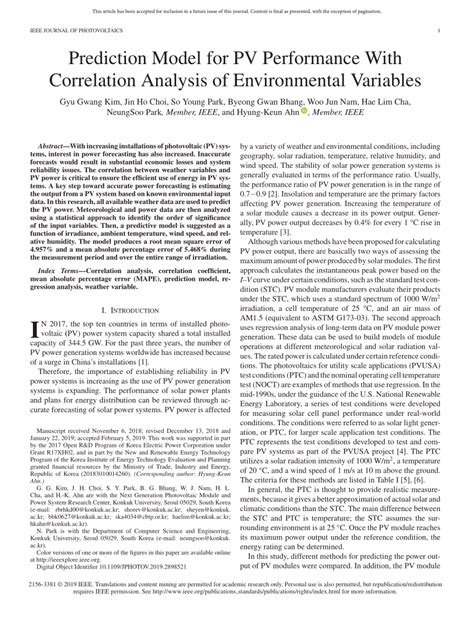 Pdf Prediction Model For Pv Performance With Correlation Analysis Of Environmental Variables