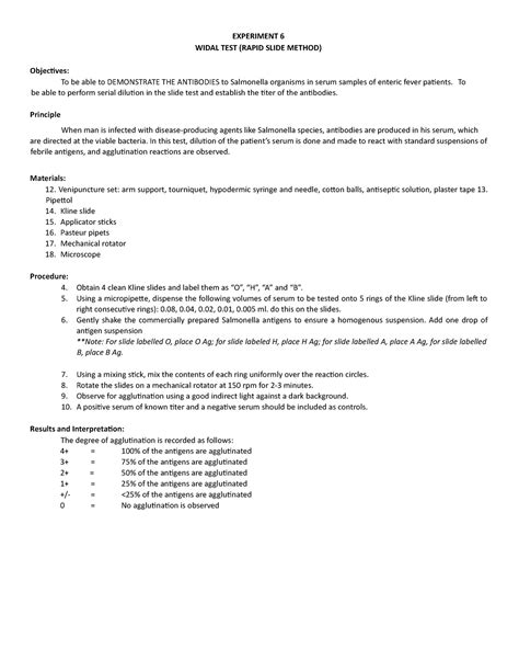 Experiment 6 Widal Test Rapid Slide Method Experiment 6 Widal Test Rapid Slide Method