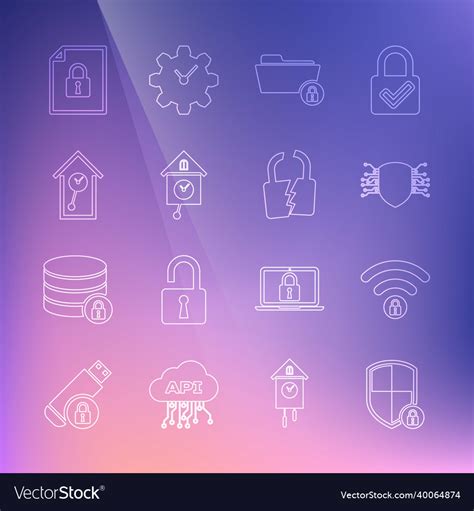 Set Line Shield Security With Lock Wifi Locked Vector Image