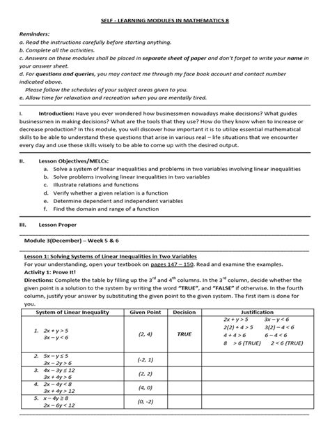 Solving Linear Inequalities Mathematics 8 Pdf Function Mathematics