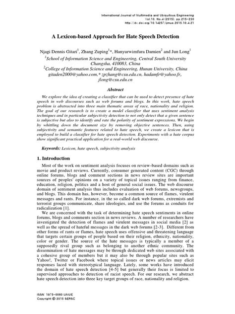 Gitari A Lexicon Based Approach For Hate Speech Detection Pdf Phrase Word