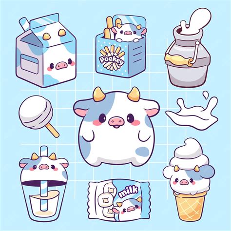 Premium Vector Kawaii Cow And Milk Product Milk Candy Milk Dessert