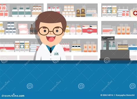 Mannelijke Apotheker Bij De Teller In Een Apotheek Vector Illustratie