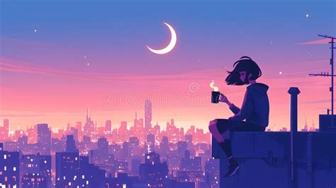 Twilight Thoughts Anime Girl On City Rooftop Anime Girl Sitting On