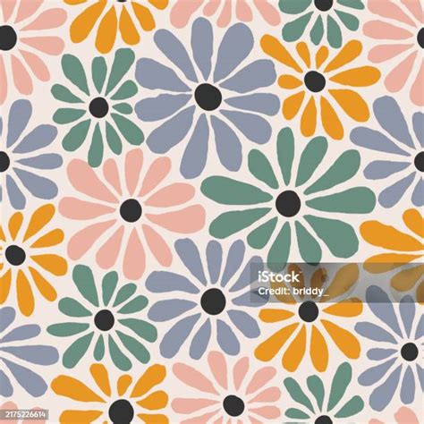 추상 완벽한 패턴 와 데이지 Flowers 와 1970 년 복고풍 스타일의 트리피 플로럴 백고운드 벡터 꽃 힘 여름 일러스트 0명에 대한 스톡 벡터 아트 및 기타 이미지