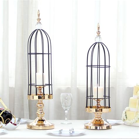 Set Of 2 Gold Black Metal Cage Votive Candle Holder With Crystal