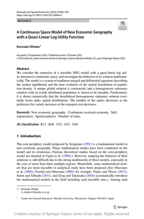 A Continuous Space Model Of New Economic Geography With A Quasi Linear
