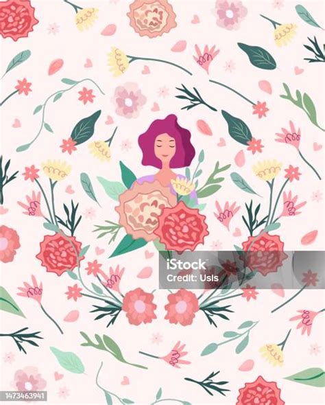 행복한 여성의 날 꽃과 나뭇잎을 가진 여자의 초상화 봄 개화 인사말 카드는 배너 카드 포스터 엽서에 이상적입니다 벡터 그래픽입니다 사랑에 대한 스톡 벡터 아트 및 기타