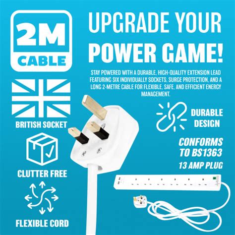 6 Way Gang 2m Extension Lead Uk Cable Socket Usb Power Wire Surge Protected Plug