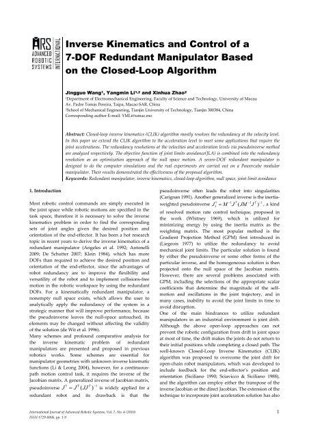 inverse kinematics and control of a 7 dof redundant manipulator