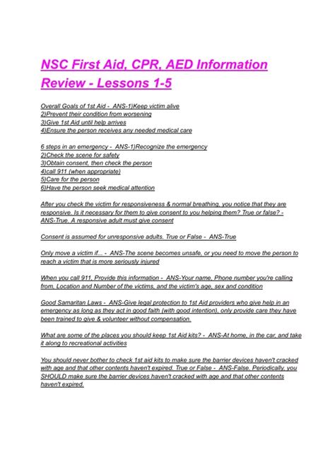 Nsc First Aid Cpr Aed Information Review Lessons 1 5 Exam Questions With Correct Answers