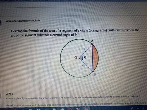 Solved Area Of A Segment Of A Circle Develop The Formula Of