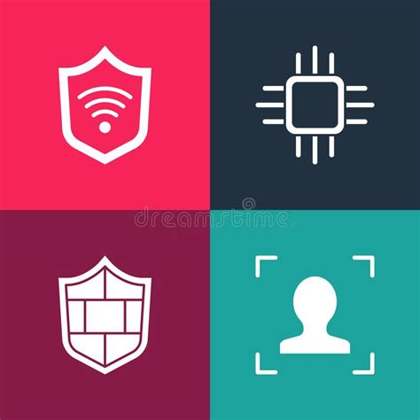 Set Pop Art Face Recognition Shield With Brick Wall Processor Microcircuits Cpu And Wifi