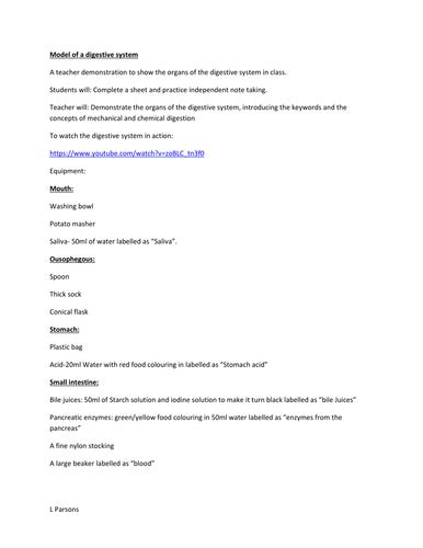 Digestive System Practical Lesson Ks3 Digestive Organ System Teaching