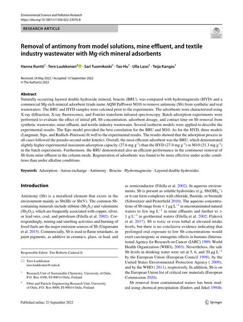 Pdf Removal Of Antimony From Model Solutions Mine Effluent And