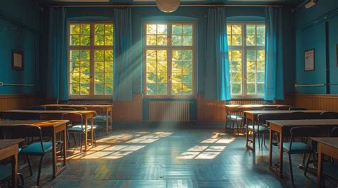 Empty Classroom With Its Benches Prepared For The Start Of Classes