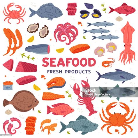 생선 갑각류 및 조개류를 신선한 바다 제품 벡터 세트로 사용한 해산물 갑각류에 대한 스톡 벡터 아트 및 기타 이미지 갑각류 개념 건강한 식생활 Istock