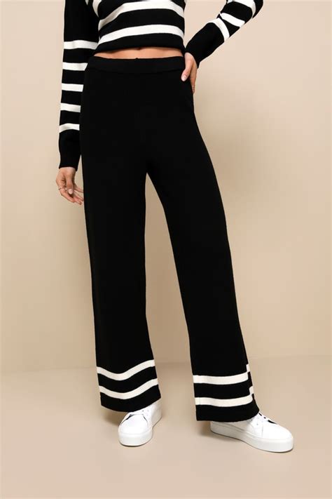 Chic Black Striped Pants Wide Leg Sweater Pants Sweater Pants Lulus