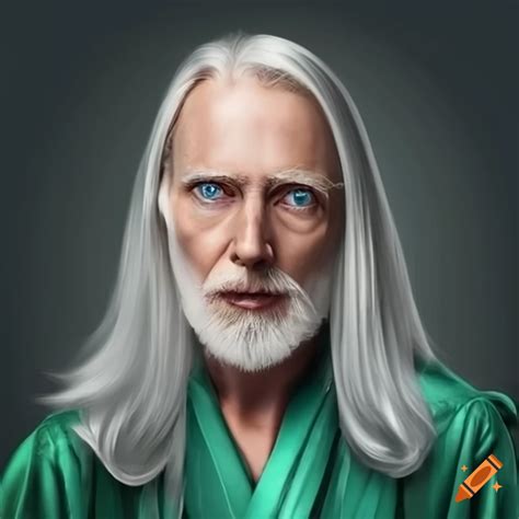 Portrait Of A 55 Year Old Magician With Blue Eyes And Long Gray Blond Hair On Craiyon