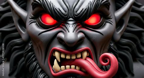 Grimacing Krampus Face With Glossy Black Fur Glowing Red Eyes And A