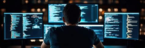 A Programmer Working On Code In A Dark Room With Multiple Monitors