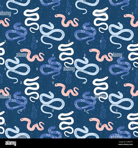 Cute Snakes Seamless Pattern Dark Blue Reptiles Continuous Background Print Animal Surface