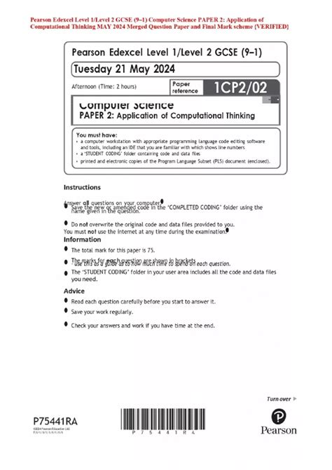 Package Deal Pearson Edexcel Level 1 Level 2 Gcse 9 1 Computer Science 2024 Question Paper