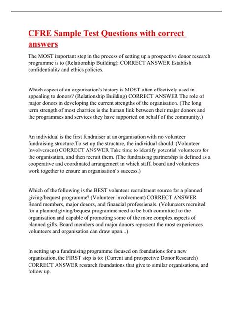 CFRE Sample Test Questions With Correct Answers CFRE Certified Fundraising Executive Stuvia US