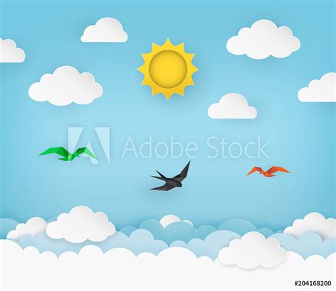 Origami Birds Flying Under Sunny Sky Paper Art Illustration 3647378