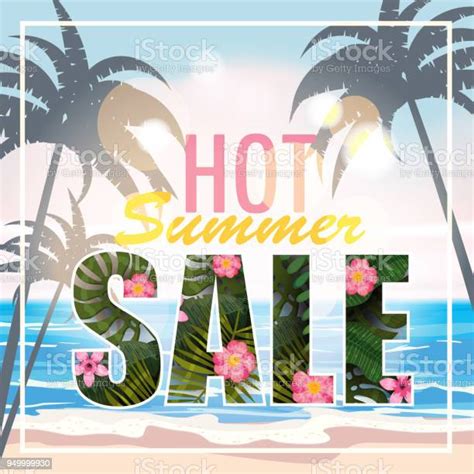 판매 여름 배너 포스터와 팜 잎 정글 리프와 열 대 꽃 바다 열 대 여름 배경입니다 벡터 일러스트 레이 션 Eps10 0명에