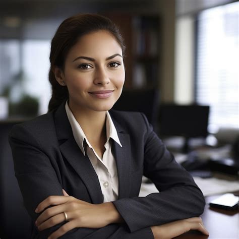 Premium Photo A Woman In A Suit Is Sitting At A Desk With Her Arms