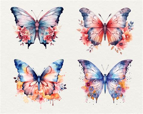 Watercolor Floral Butterfly Clipart Set 20 Png Illustrations Digital