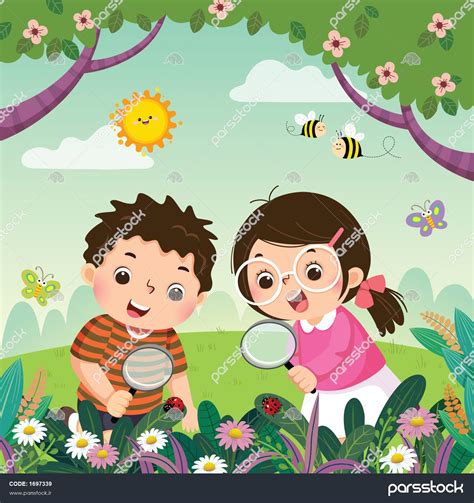 تصویر برداری از دو بچه که از طریق ذره بین به کفشدوزک های روی گیاهان